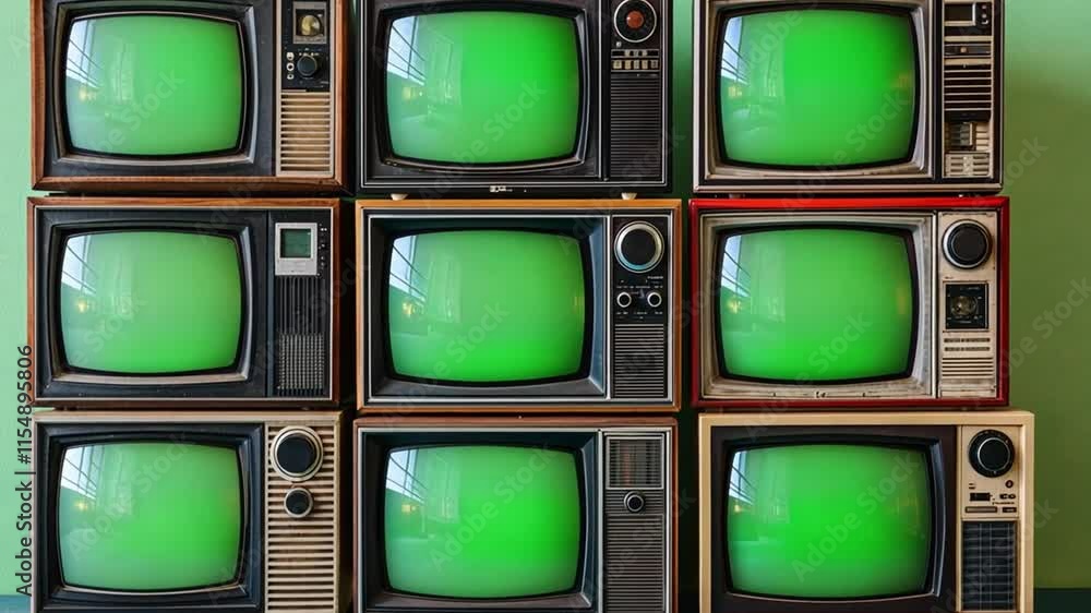 Ten Old TVs turning on Green Screens, Stacked Vintage Tvs Turning On ...