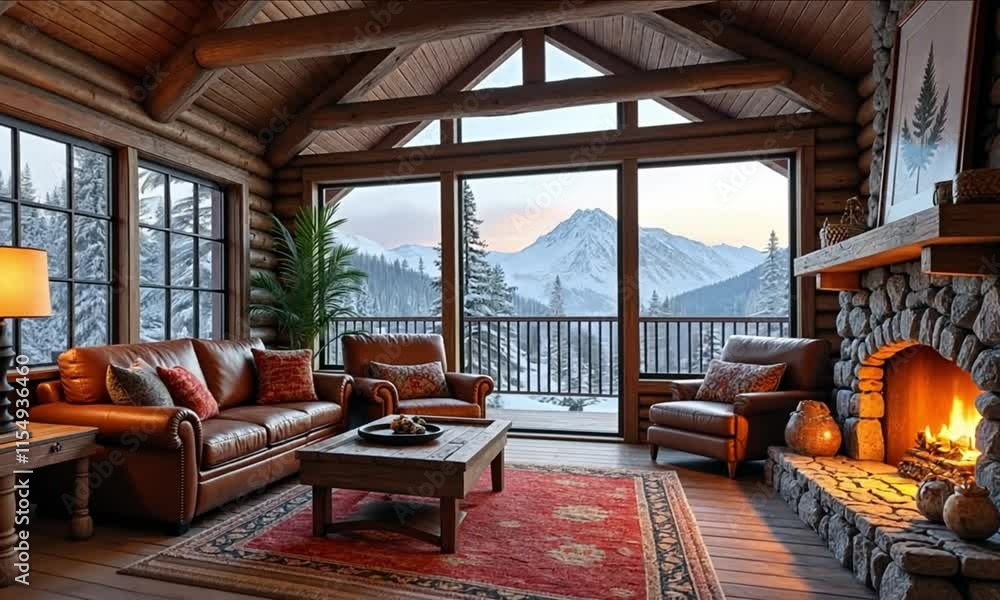 A cozy mountain cabin interior with exposed log beams, stone fireplace, plaid textiles, leather ...