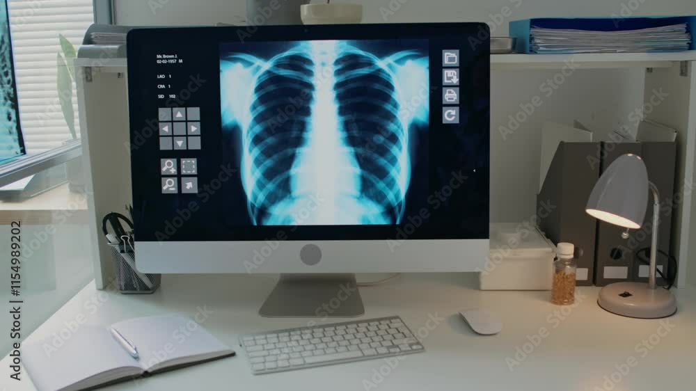 Tidy desk in medical office with computer monitor displaying chest X ...