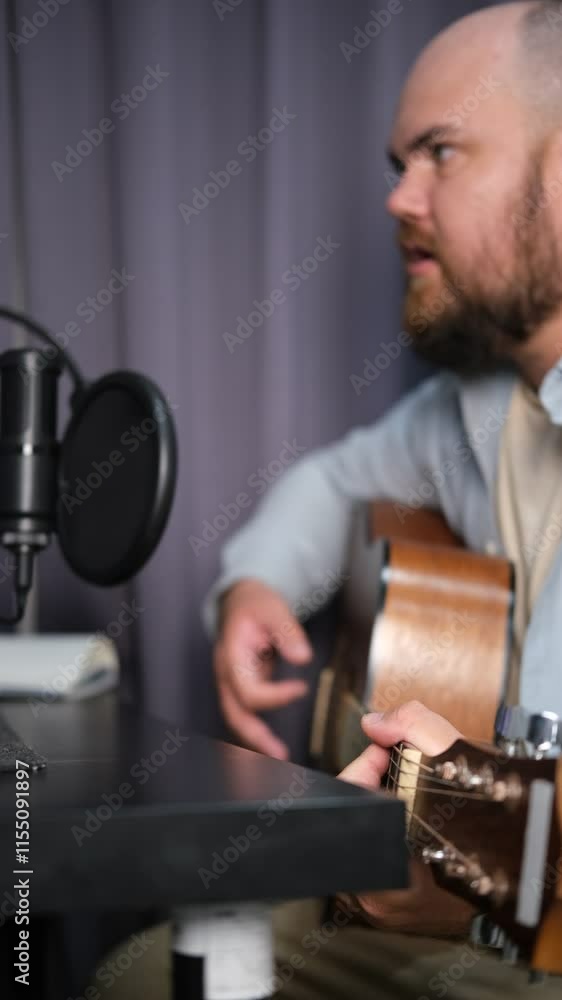 A man sits at a computer and records a song playing an acoustic guitar ...
