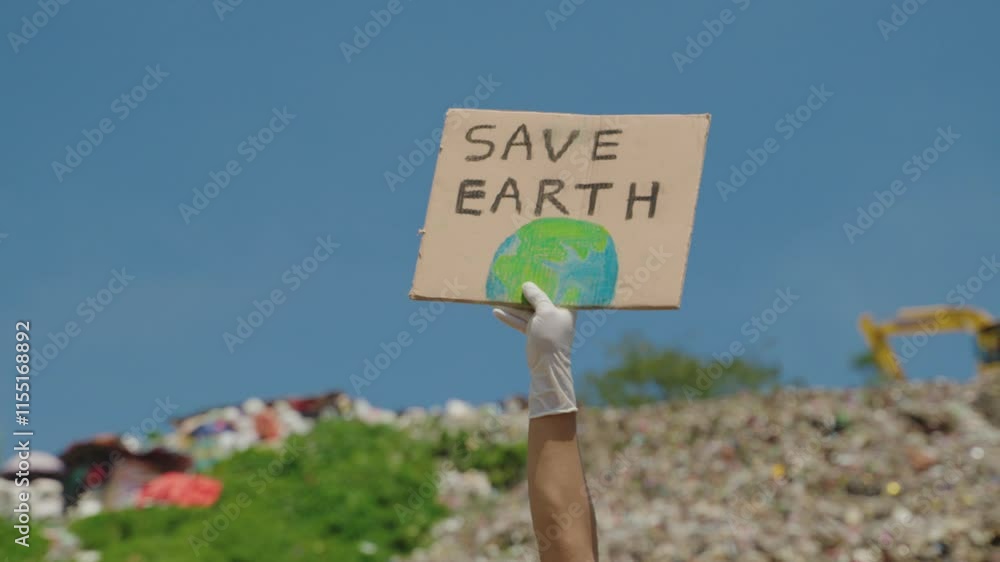 Hand holding 'Save the Earth' poster, calling for waste management ...