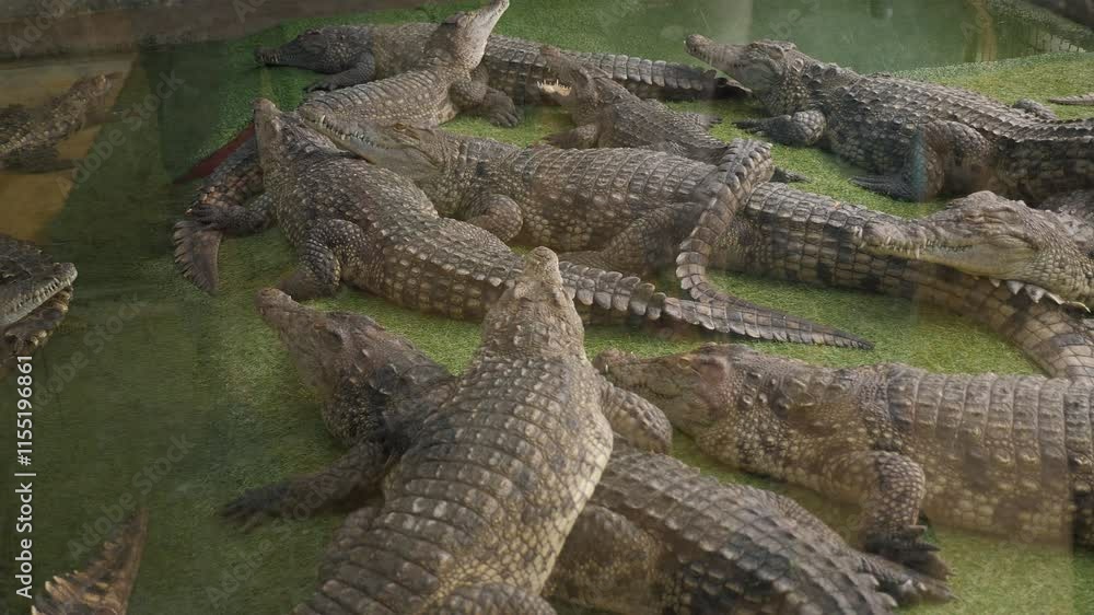 There are many different crocodiles in the zoo, a small pond with ...