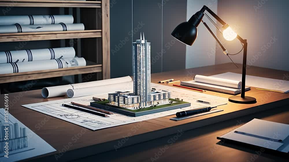 Architectural Desk with High-Rise Building Model, Blueprints, and Desk ...