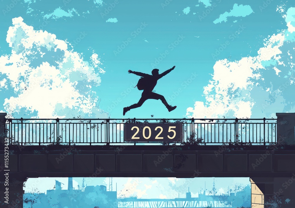 Man jumping over "2025" with a black outline and blue sky background ...