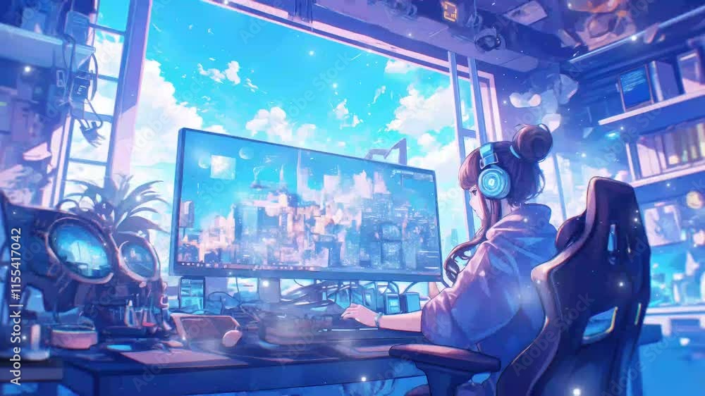 Tech enthusiast immersed in a vibrant, high-res setup. glitch stream ...