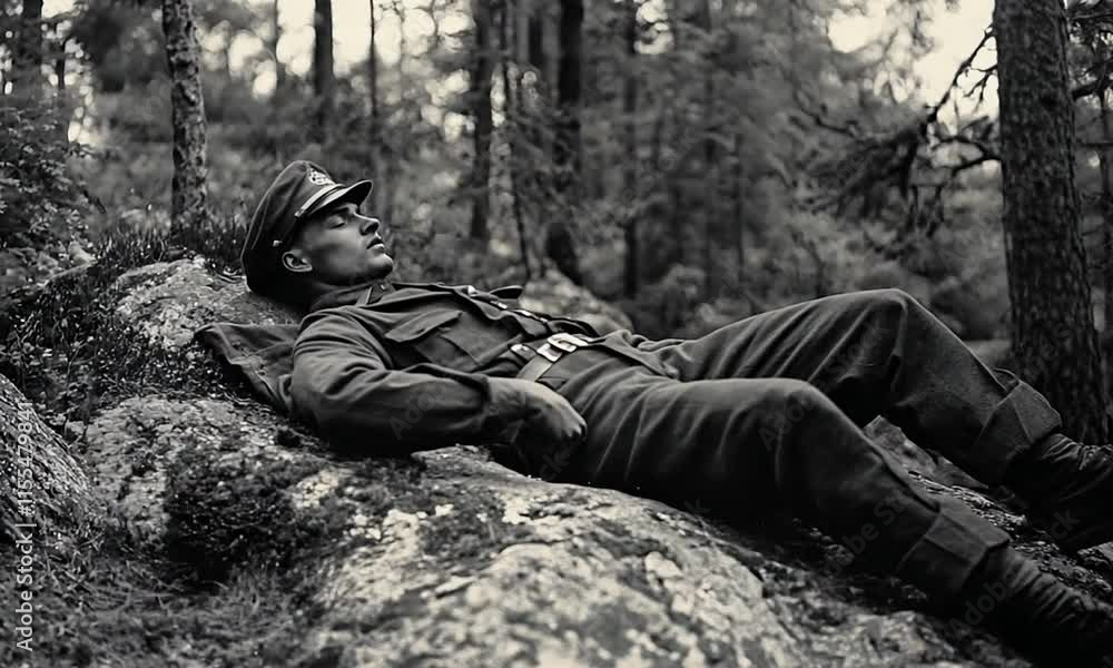 Tired soldier of the Finnish army during world war II, resting in the ...