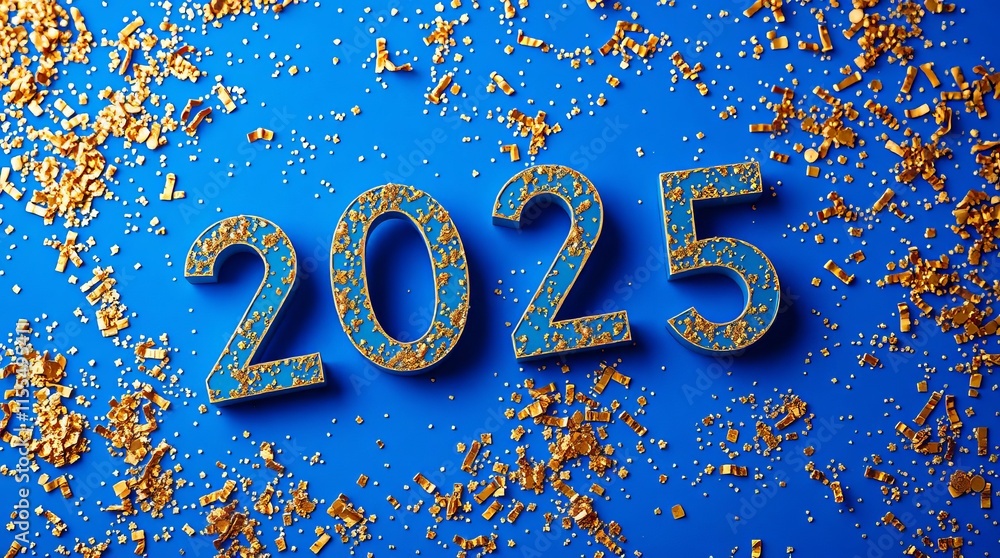 2025 New Year Celebration with Golden Confetti and Metallic Numbers on ...