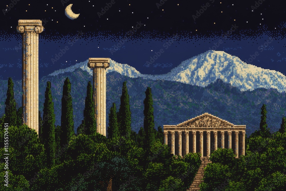 A pixel art timeline of history with iconic moments like ancient ...
