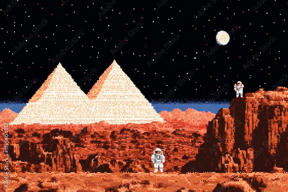 A pixel art timeline of history with iconic moments like ancient ...