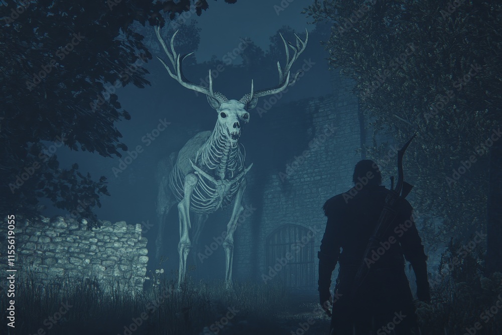 A haunting depiction of a skeletal deer being hunted in a misty forest ...