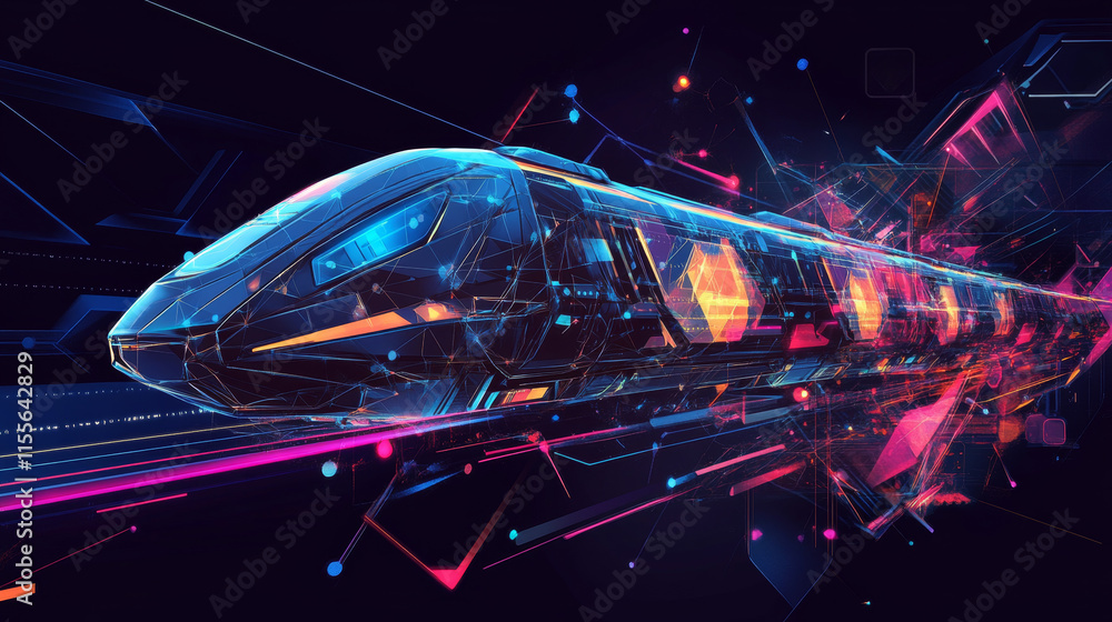 Hologram high-speed train. High-speed train made of polygons, triangles ...