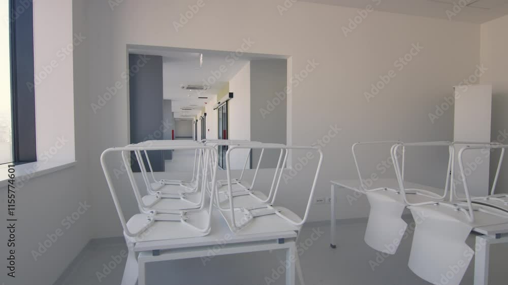 Empty room in a modern hospital with stacked chairs and tables ...