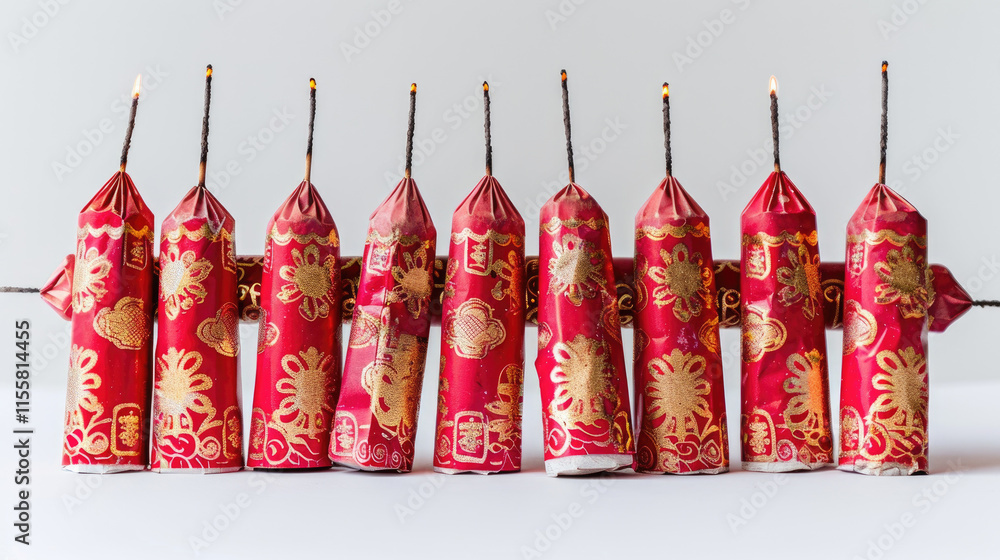 Vibrant Red Firecrackers in a Row with Lit Fuses Against a Clean White ...