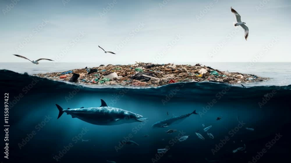 Floating garbage island, marine life and plastic debris in ocean ...