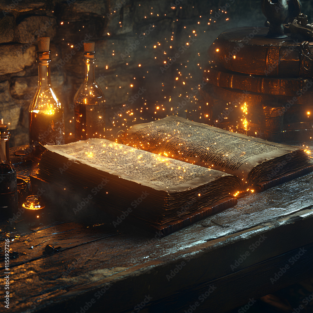 An ancient book of spells lies on an antique wooden table, surrounded ...