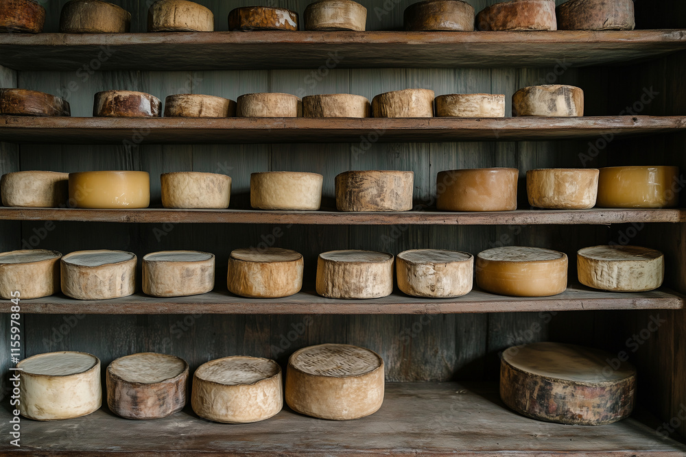 wooden shelf with many different types of cheese. The cheese is in ...