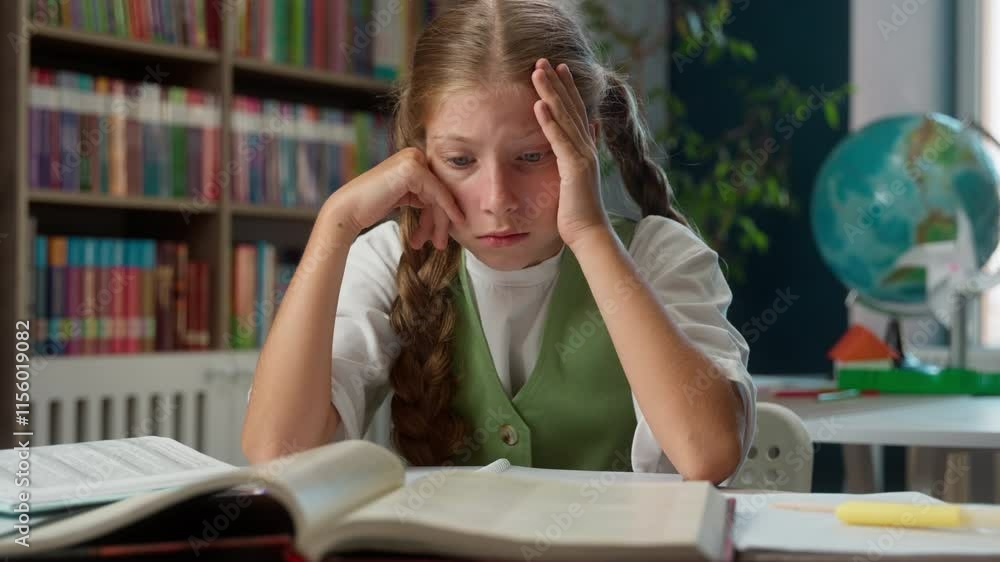 Anxious scared little Caucasian teenager junior teen school girl child ...