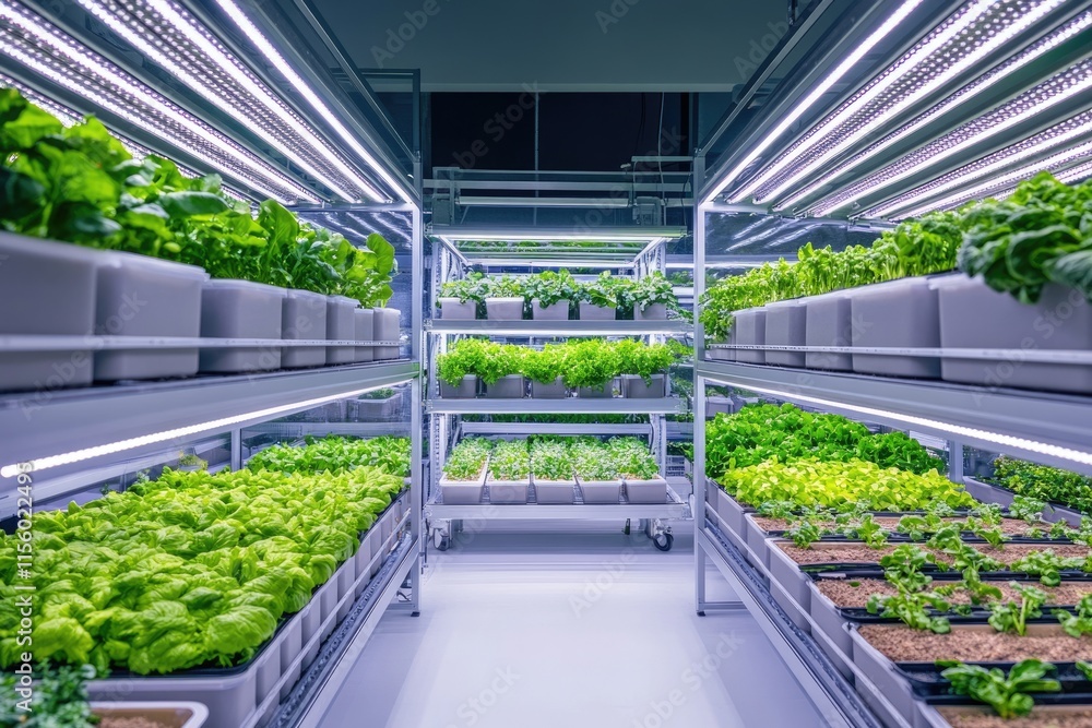 Indoor vertical farm with LED lights cultivates various leafy greens in ...