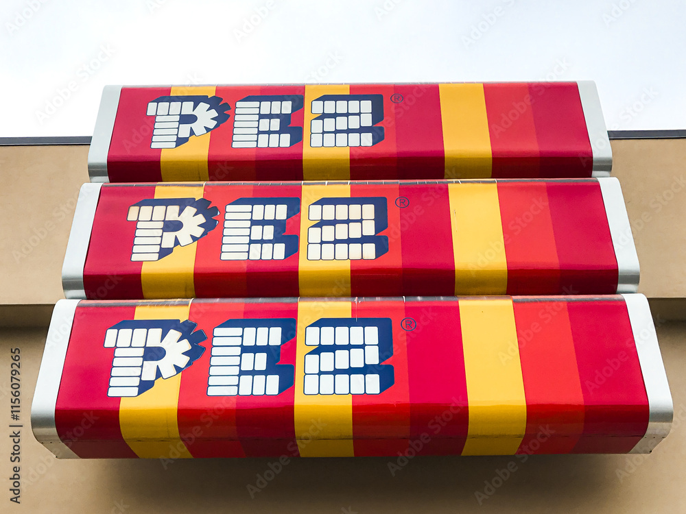 Orange, Connecticut, USA- September 29, 2918: Pez candy sign at visitor ...