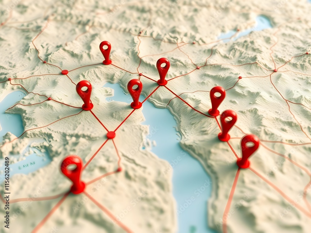 3d map with red location pins and network lines illustrating gis ...