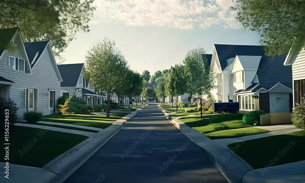 Serene Suburban Neighborhood with Lush Green Lawns and Well-Maintained ...