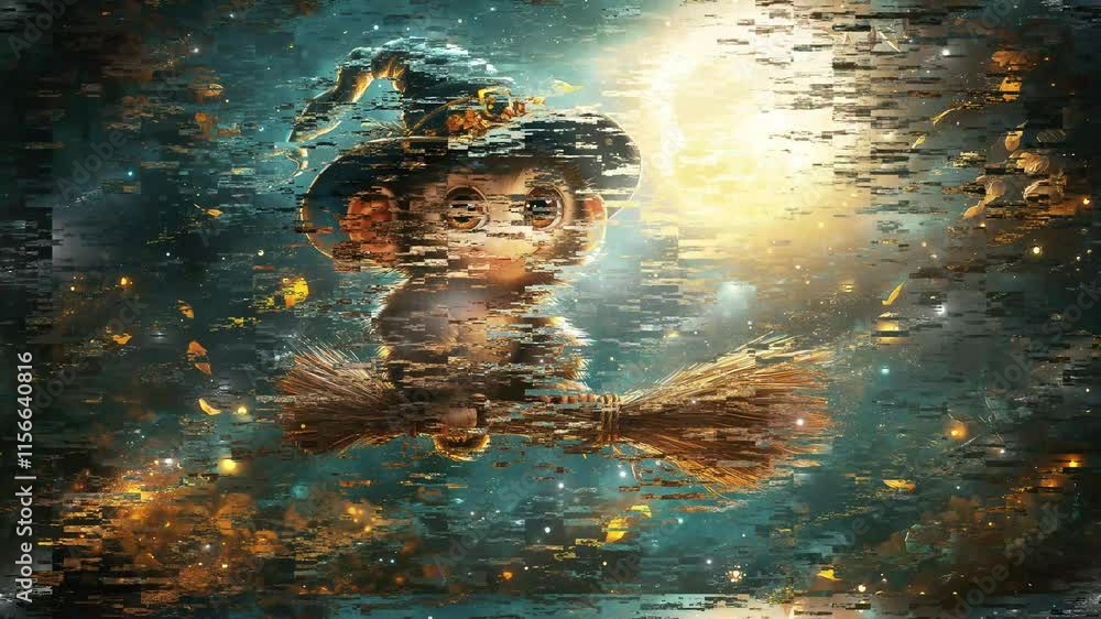 A joyful monkey dressed as a wizard soars on a broomstick at night ...