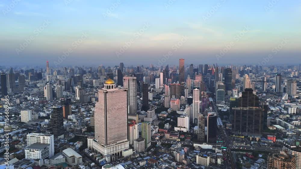 Bangkok high aerial view from the Chao Phraya River to Bang Rak and Si ...