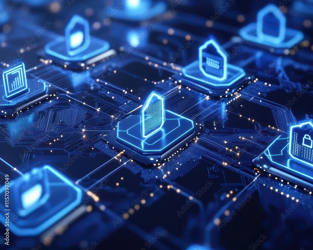 Dynamic cyber defense grid with blue firewalls and interconnected nodes ...
