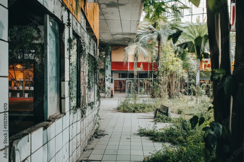 An empty, deserted shopping mall with white tiles, benches, phone ...