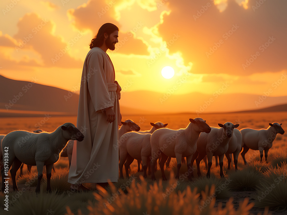 Jesus Stands As A Shepherd With His Flock Of Sheep During Sunrise ...