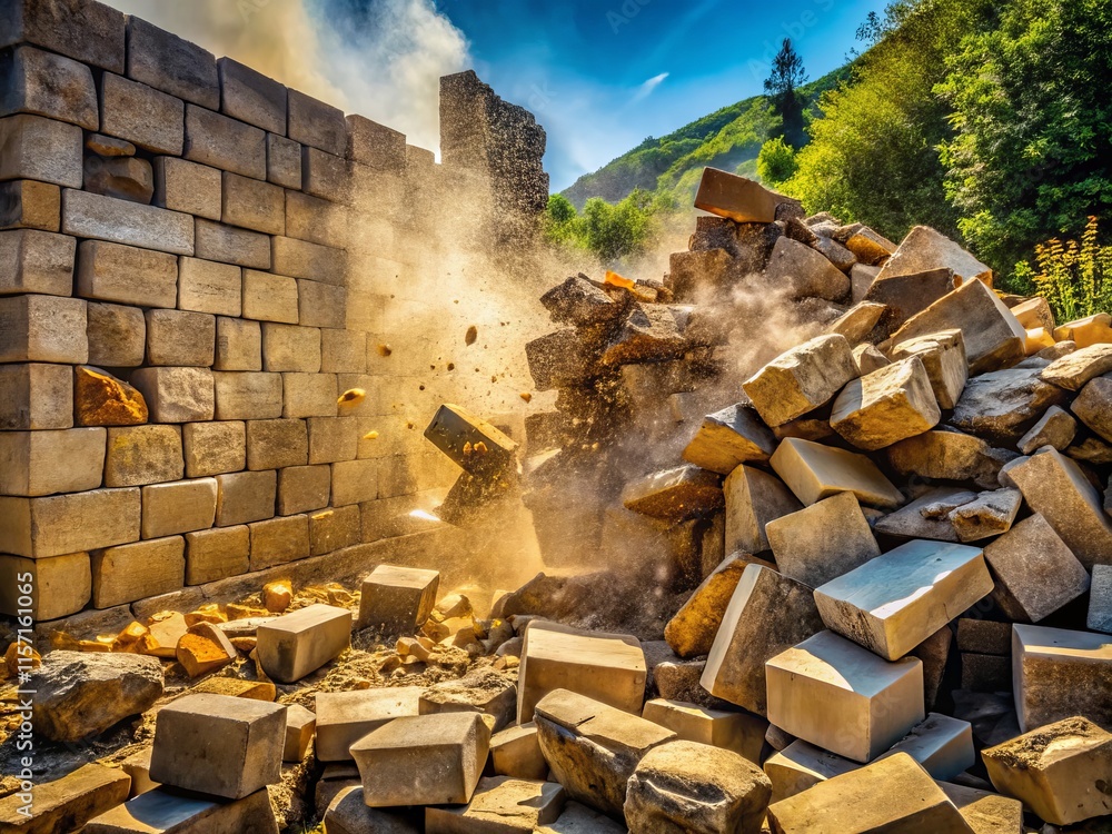 Epic Stone Block Collapse: Crumbling Masonry, Action Shot, Jagged Rocks ...