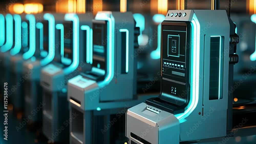 An array of compact machines lined side by side each with illuminated ...