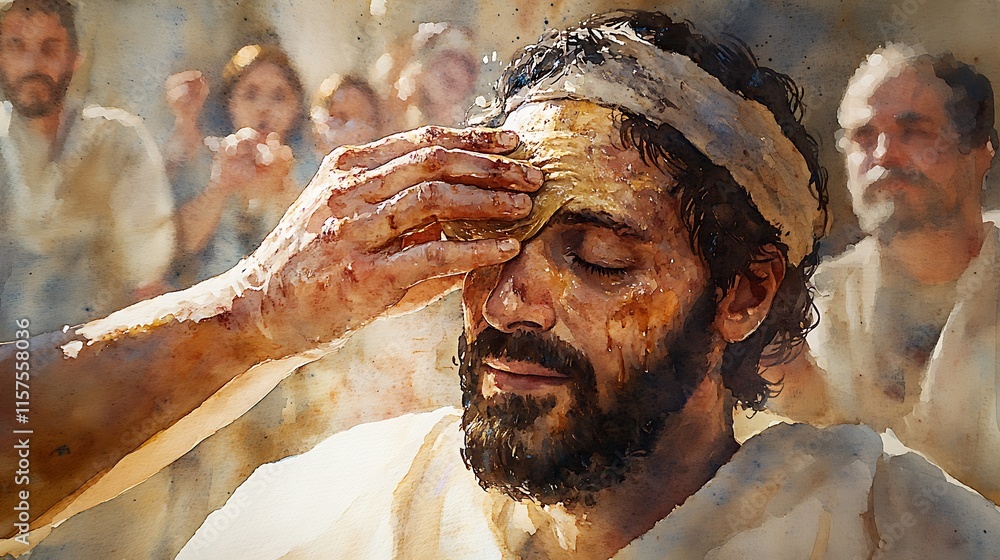 Photo & Art Print Jesus' hands anointing the blind man's eyes with clay ...