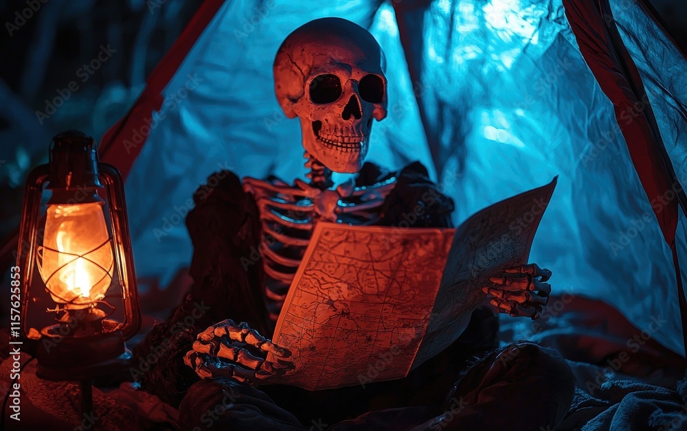 Skeleton reading a map in a tent lit by a lantern, with a campfire ...