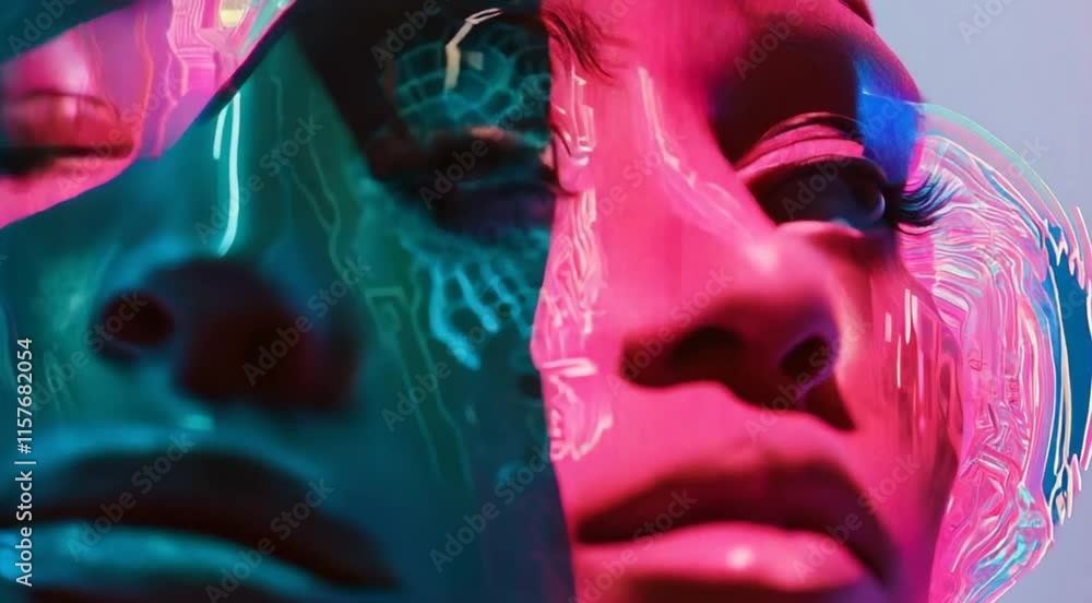 Woman's face is shown in two different ways, one with a cracked and ...