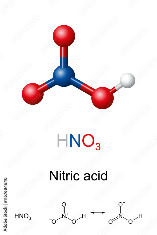 Poster Nitric acid, HNO3, molecule model and chemical structure – Wall ...