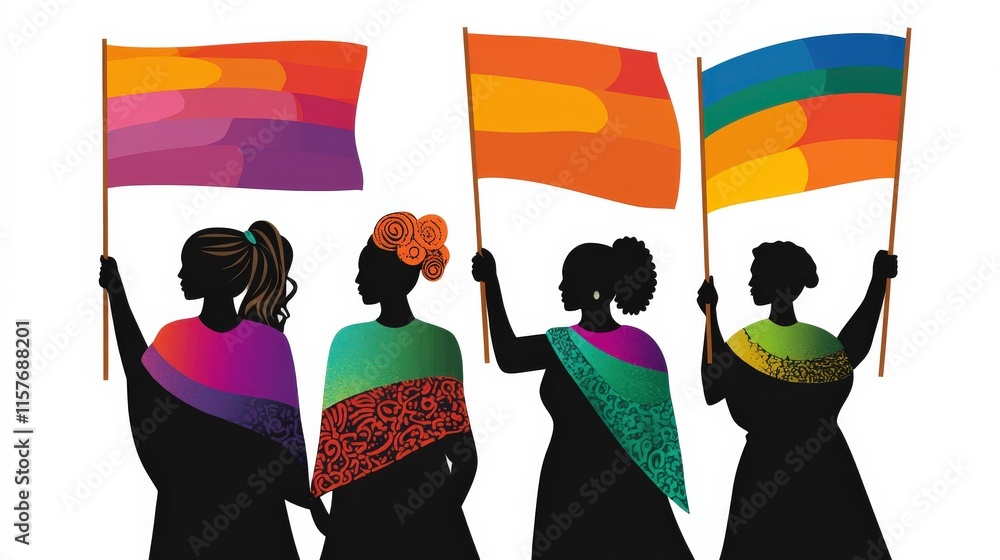Diverse Group of Women Holding Colorful Flags Celebrating Unity and ...