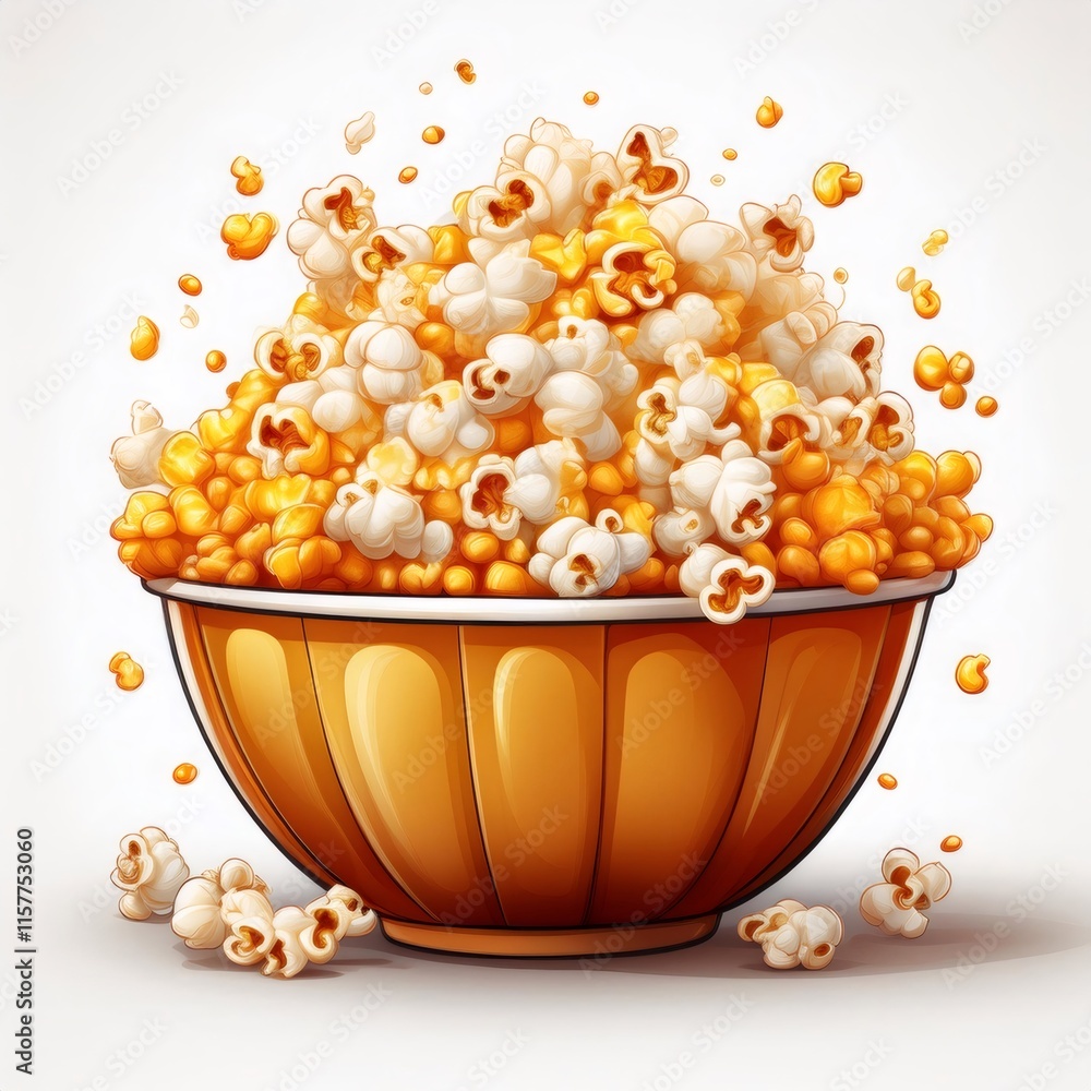 Cartoon popcorn bowl bursting with kernels popping, spilling over clean ...