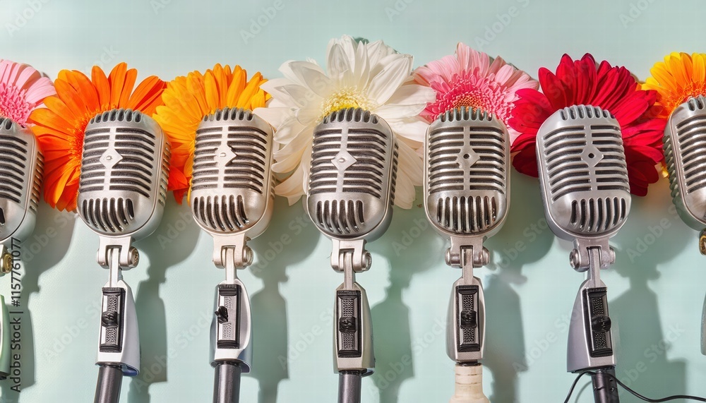 Concepto de msica y radio Micrfono retro decorado con flores de colores ...