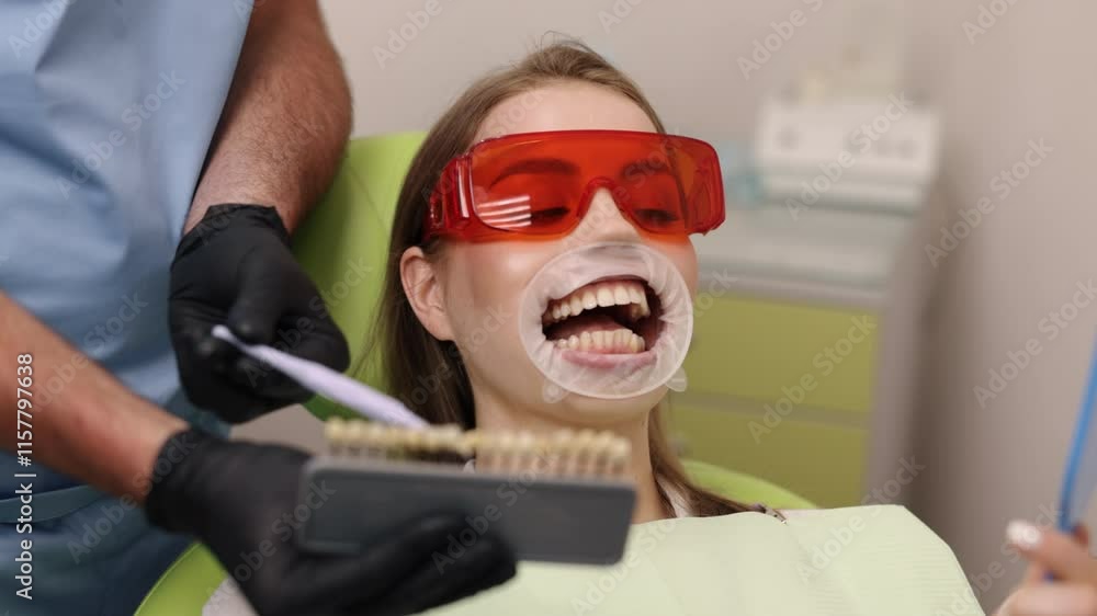 Hand mirror, Dental inspection, Dental treatment. While patient holds ...