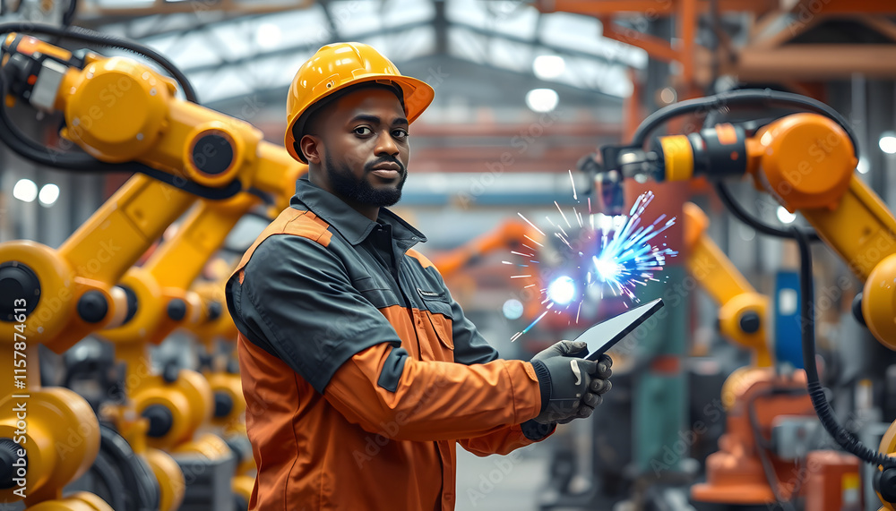 African American man engineer standing at automation robot arms machine ...