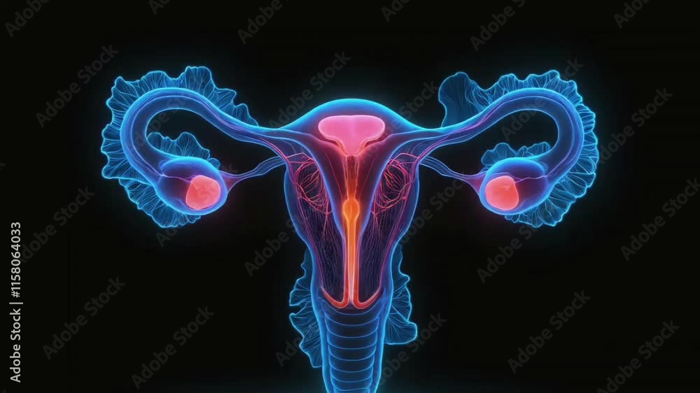 human female reproductive system on black background. Neon uterus and ovaries. Uterus, Female ...