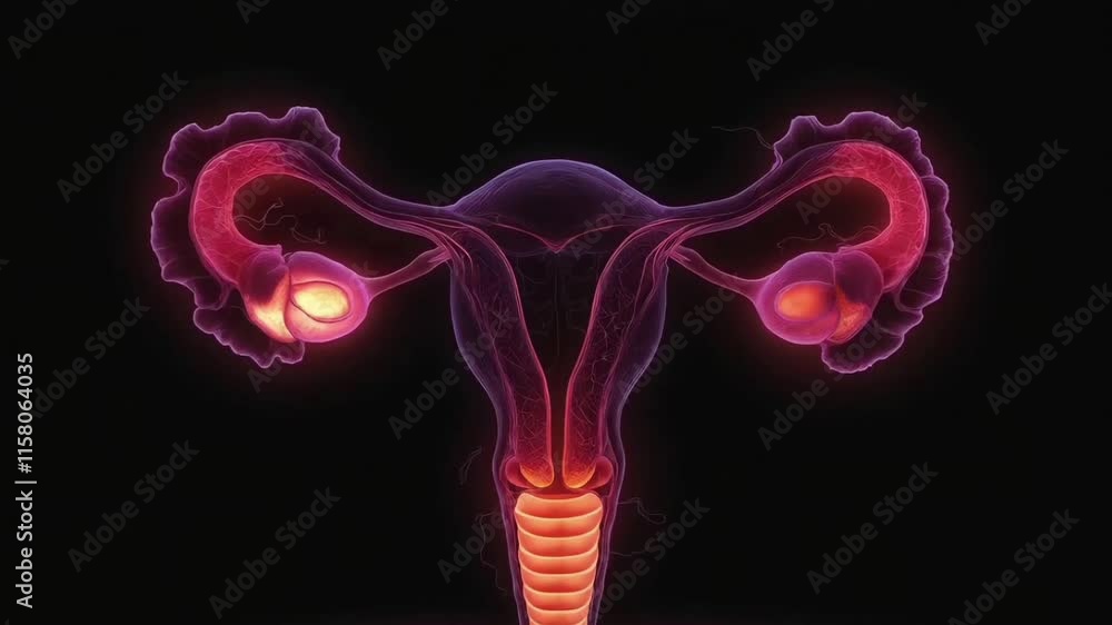 human female reproductive system on black background. Neon uterus and ...