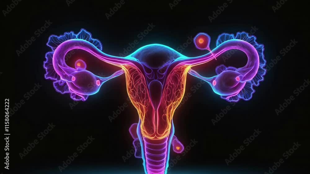 human female reproductive system on black background. Neon uterus and ...