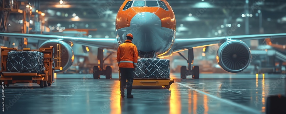 Baggage handler loading luggage into an airplane cargo hold, modern ...