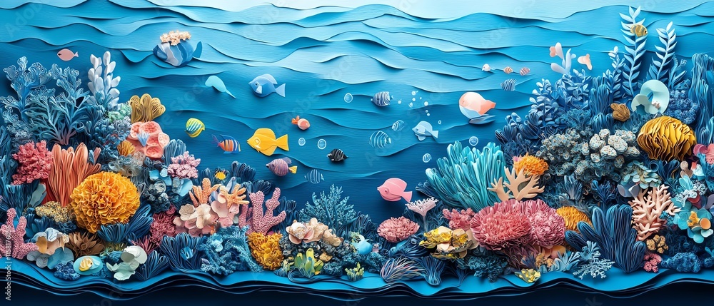 Intricate paper art of a thriving ocean ecosystem, showing coral reefs ...