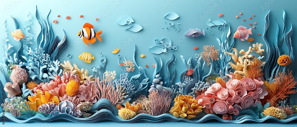 Intricate paper art of a thriving ocean ecosystem, showing coral reefs ...