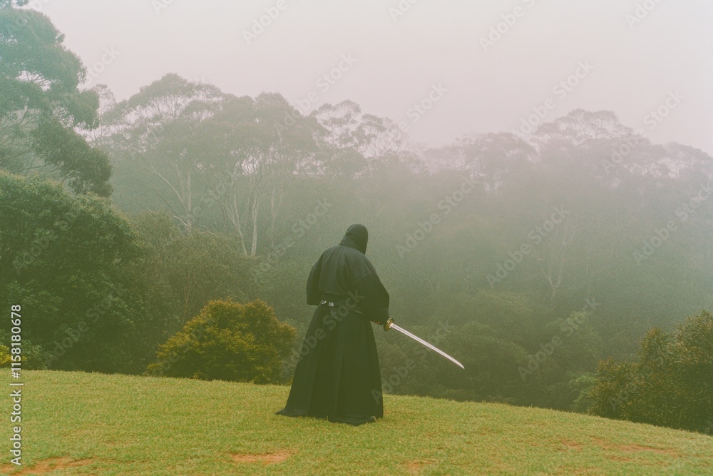 Poster An Iaido practitioner practicing in a misty forest, their katana ...