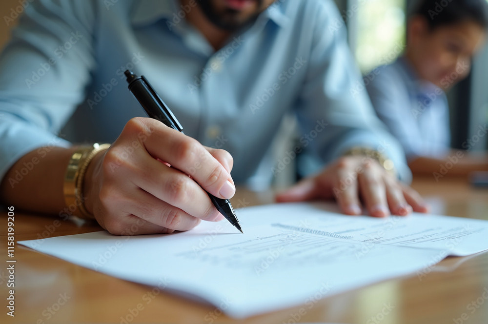 Close-up of a businessman writing on documents at a desk in a ...