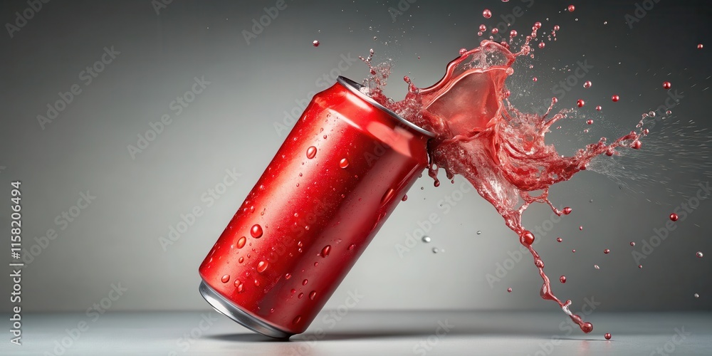 Red soda can splashing in mid-air, refreshing, beverage, drink ...